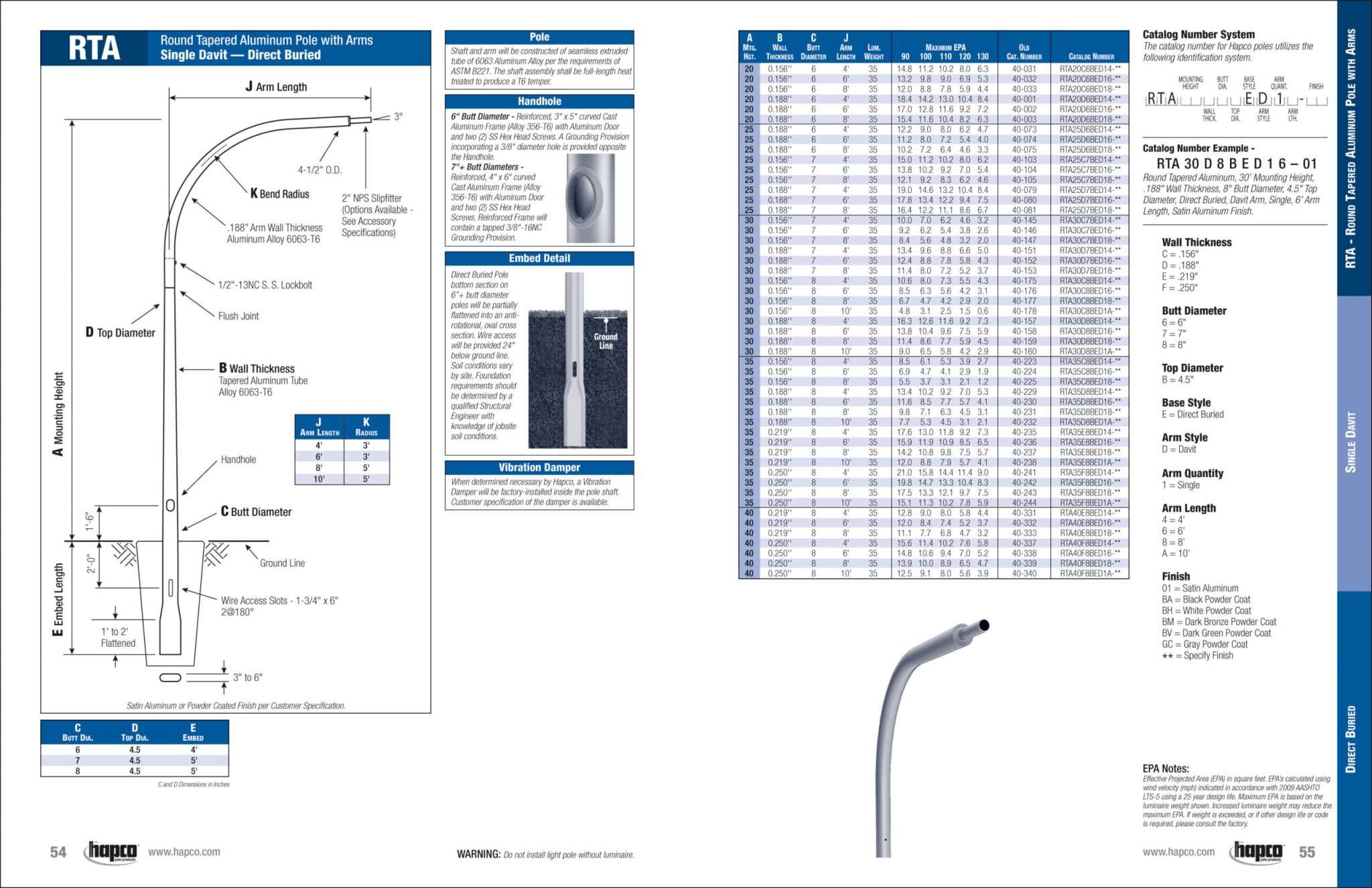 RTA Single Davit Direct Buried - Hapco Pole Products