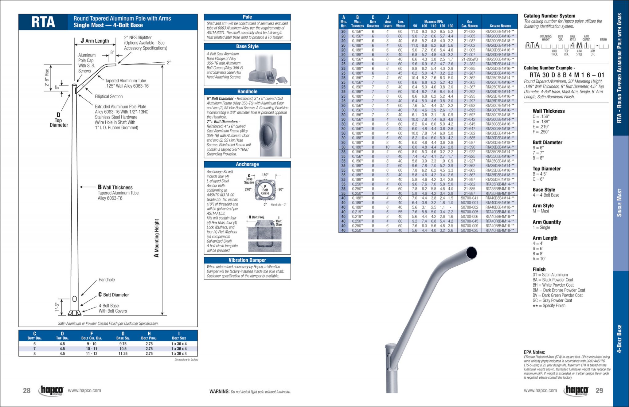 RTA Single Mast Arm 4-Bolt Base - Hapco Pole Products